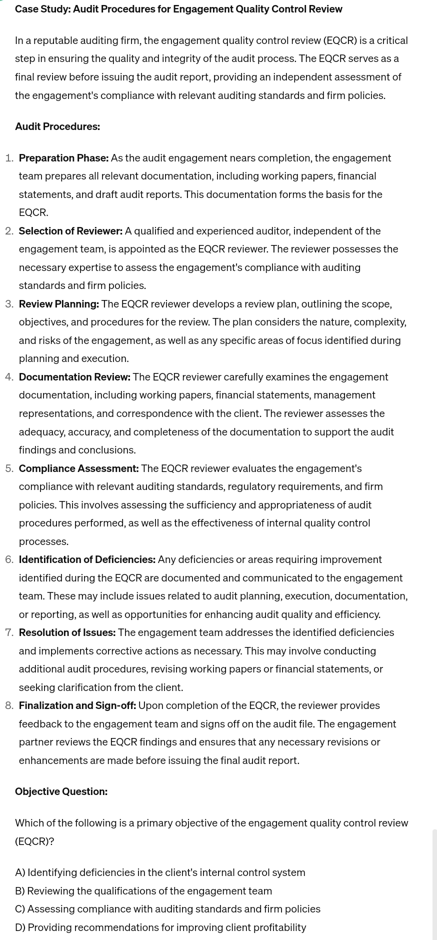 Solved Case Study: Audit Procedures for Engagement Quality | Chegg.com