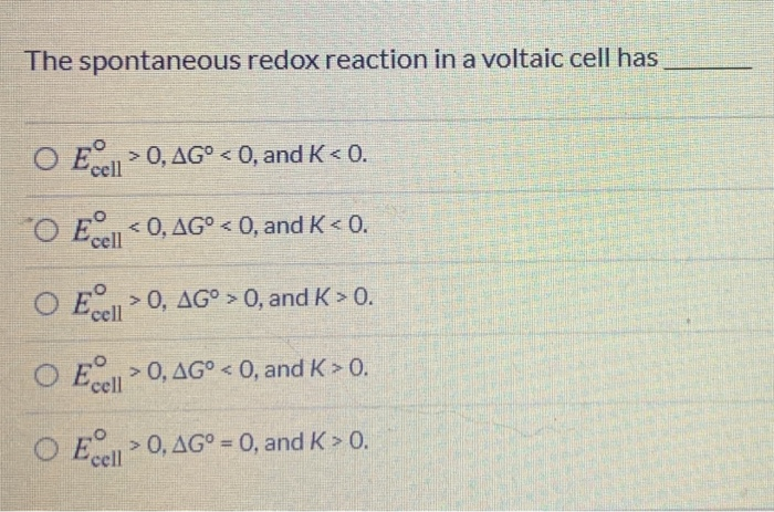 Solved The spontaneous redox reaction in a voltaic cell has | Chegg.com
