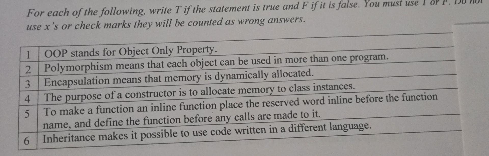 Solved For each of the following, write T if the statement | Chegg.com