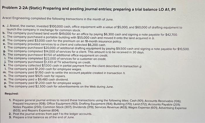 Problem 2-2A (Static) Preparing and posting journal | Chegg.com