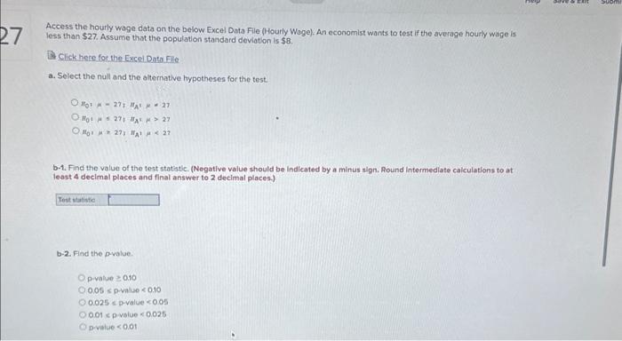 Access the hourly wage data on the below Excel Data | Chegg.com