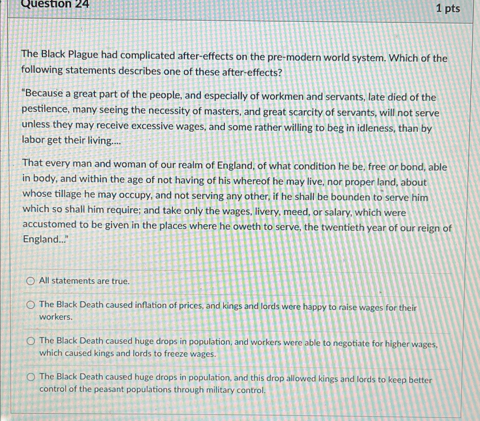 Solved Question 241 ﻿ptsThe Black Plague had complicated | Chegg.com
