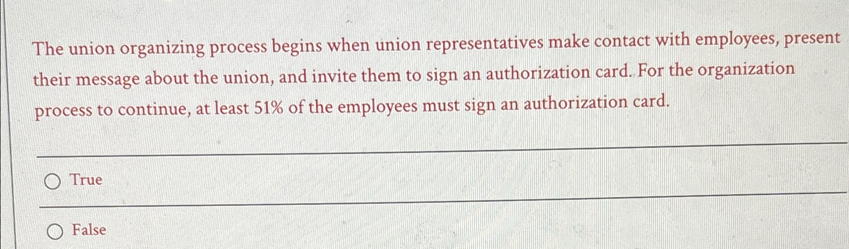 Solved The union organizing process begins when union | Chegg.com