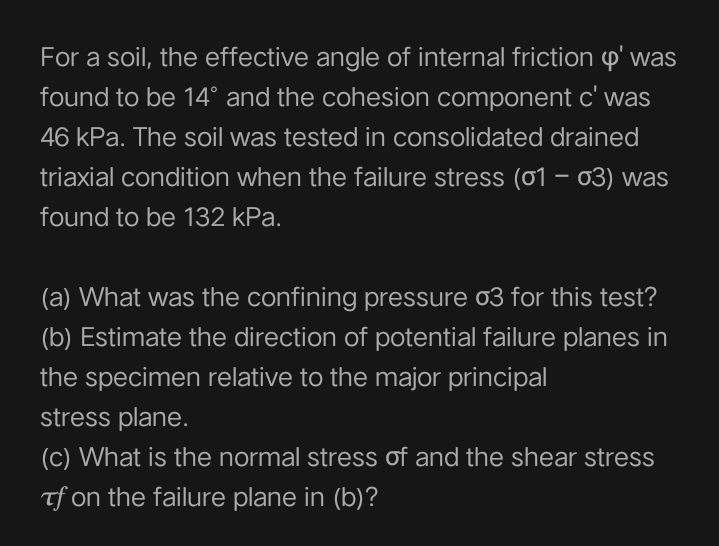 Solved For a soil, the effective angle of internal friction | Chegg.com
