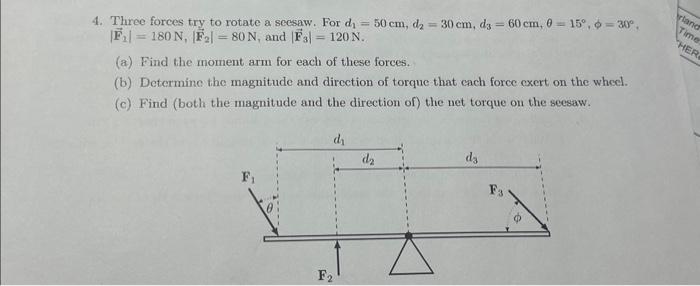 Solved Three forces try to rotate a seesaw. For d1=50 | Chegg.com