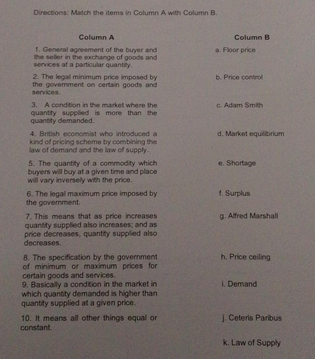 Solved Directions: Match the items in Column A with Column | Chegg.com