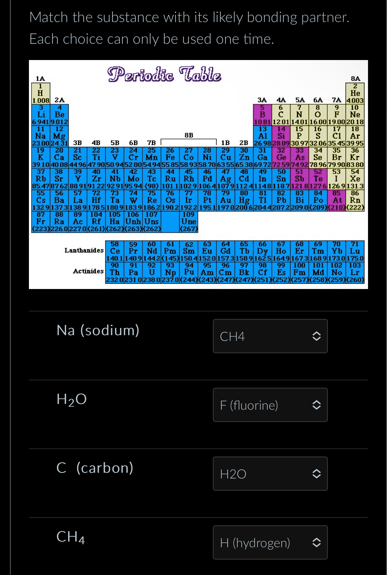 Solved Match the substance with its likely bonding partner. | Chegg.com