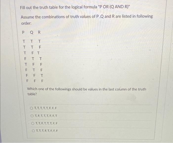 Solved Fill out the truth table for the logical formula "P | Chegg.com