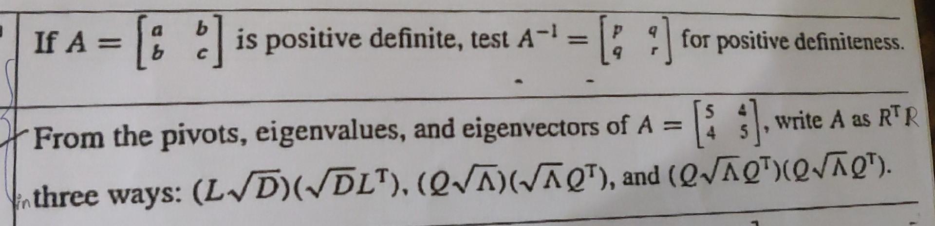 Solved b If A = [5 ] is positive definite, test A-1 6 for | Chegg.com