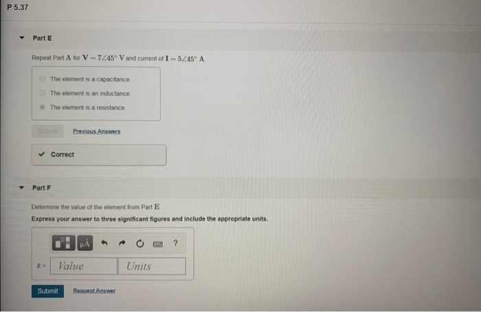 Solved P5.37 Part A A certain element has a phasor voltage | Chegg.com