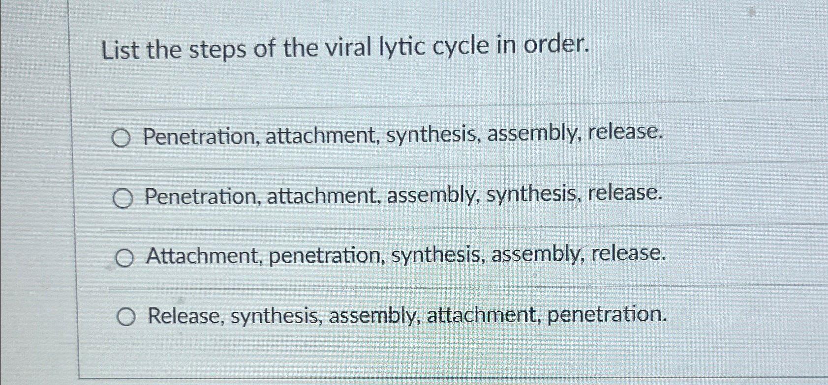 Solved List the steps of the viral lytic cycle in | Chegg.com