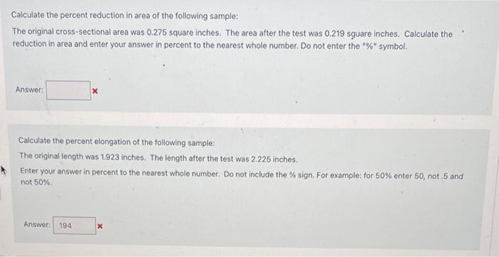 Solved Calculate the percent reduction in area of the | Chegg.com