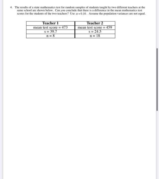 Solved 4. The results of a state mathematics test for random | Chegg.com