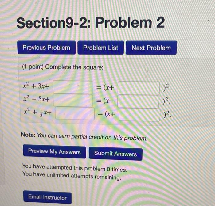 Solved (1 point) Complete the square: | Chegg.com