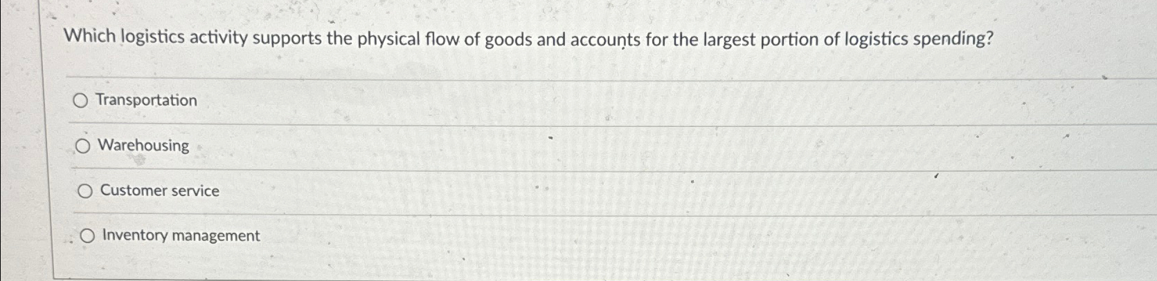Solved Which logistics activity supports the physical flow | Chegg.com