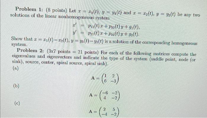 Solved Problem 1: (8 points) Let x=x1(t),y=y1(t) and | Chegg.com