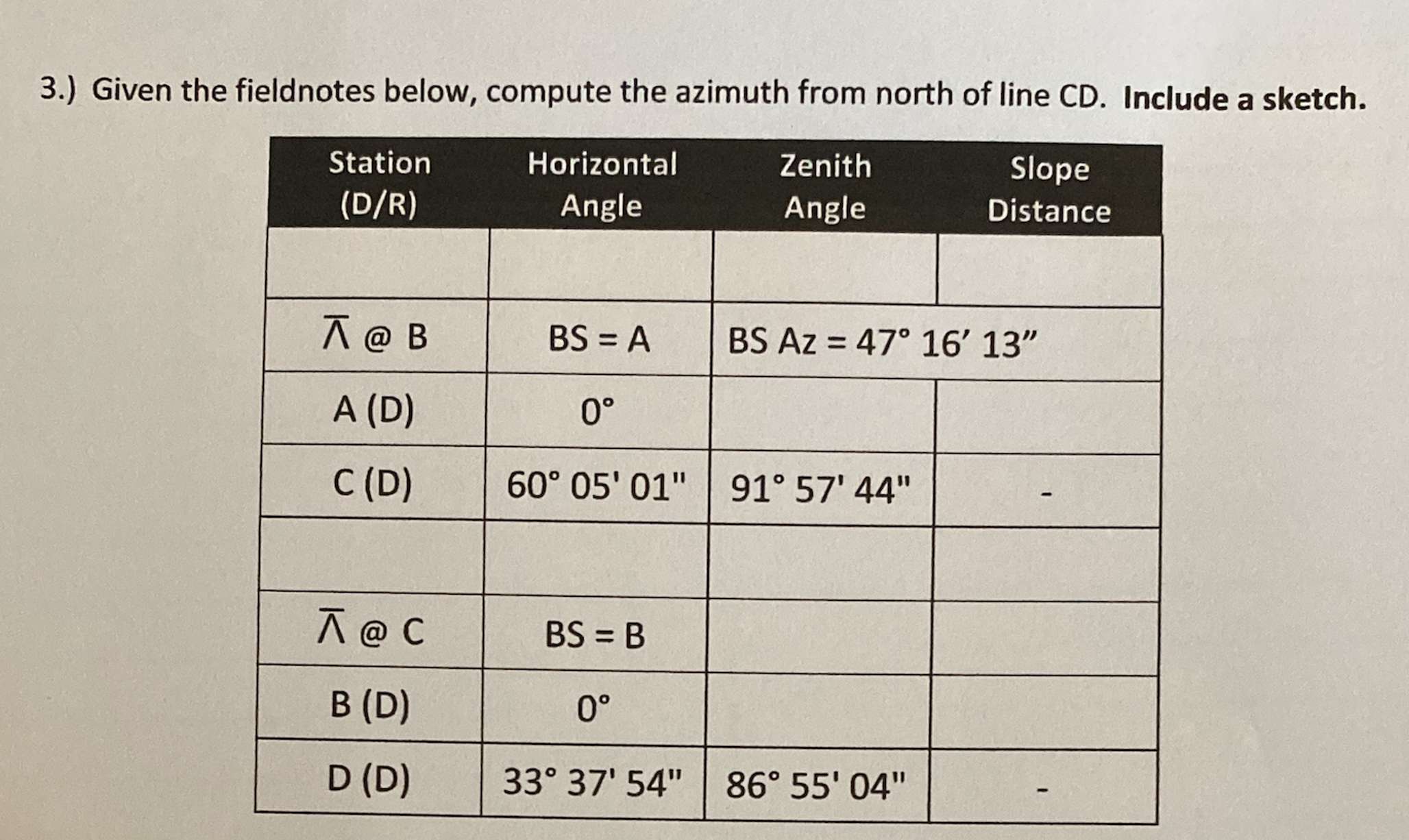 Solved 3.) ﻿Given the fieldnotes below, compute the azimuth | Chegg.com