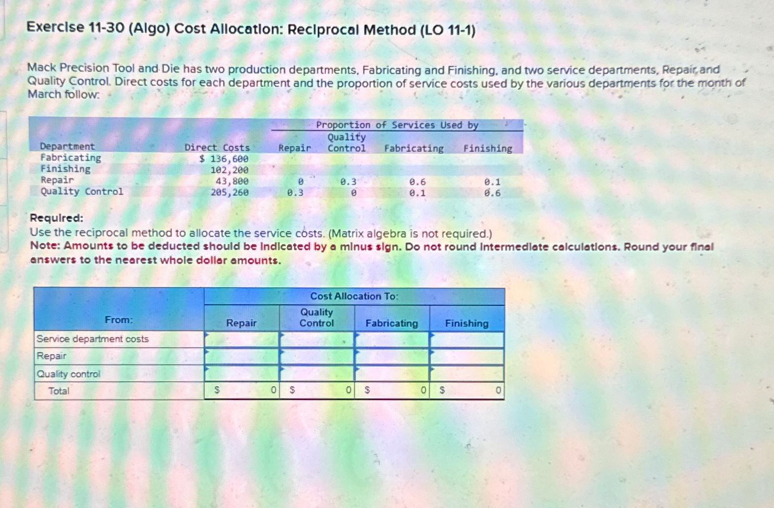 Solved Exerclse 11-30 (Algo) ﻿Cost Allocation: Reclprocal | Chegg.com