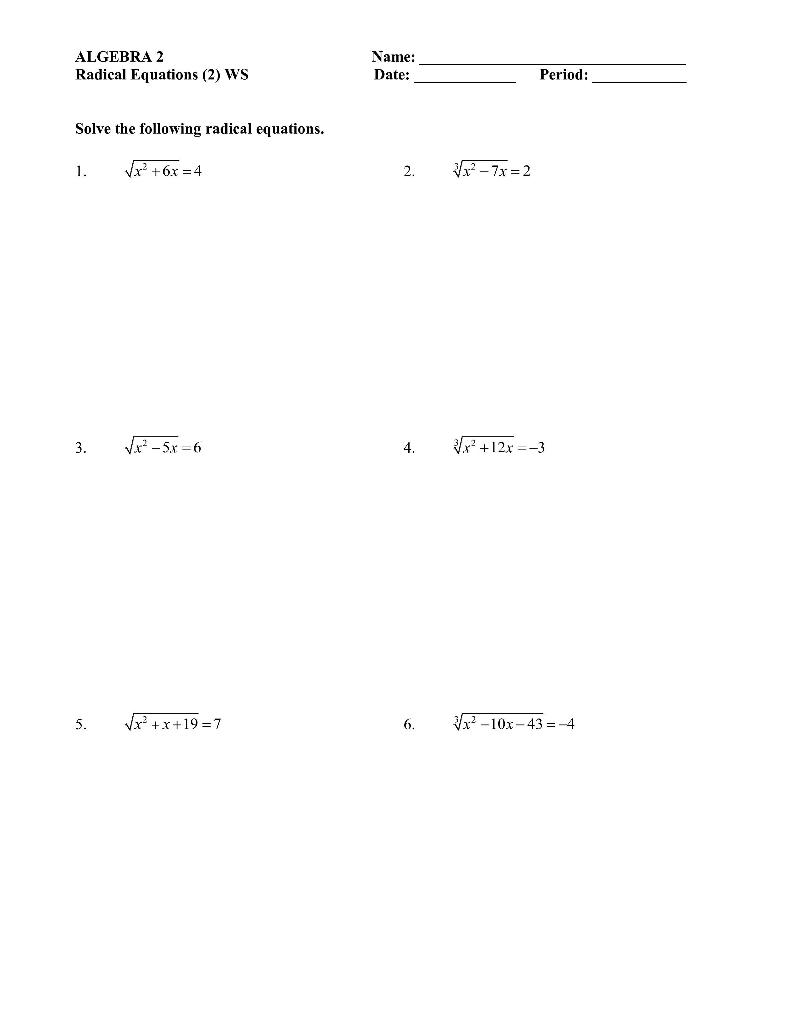 Solved Radical Equations (2) ﻿WSSolve the following radical | Chegg.com