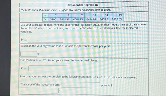 Solved Exponential Regression The table below shows the | Chegg.com
