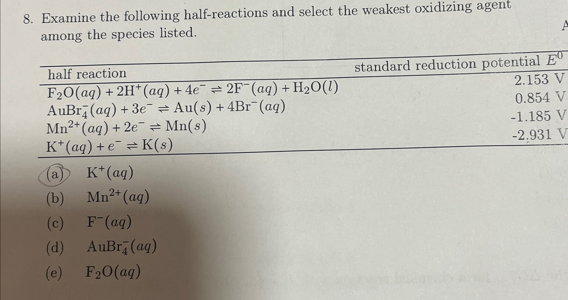 Solved Examine the following half-reactions and select the | Chegg.com