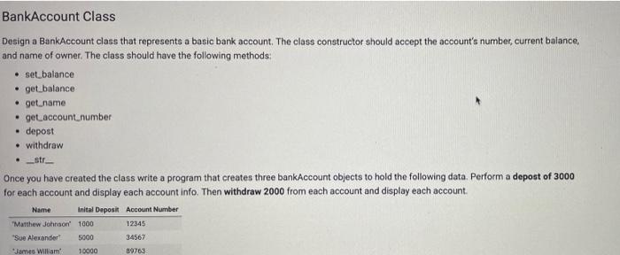 Design a BankAccount class that represents a basic | Chegg.com