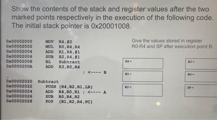 Show the contents of the stack and register values | Chegg.com