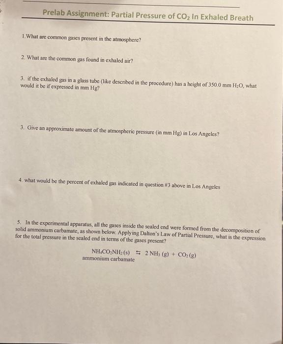 Solved Prelab Assignment: Partial Pressure of CO2 In Exhaled | Chegg.com