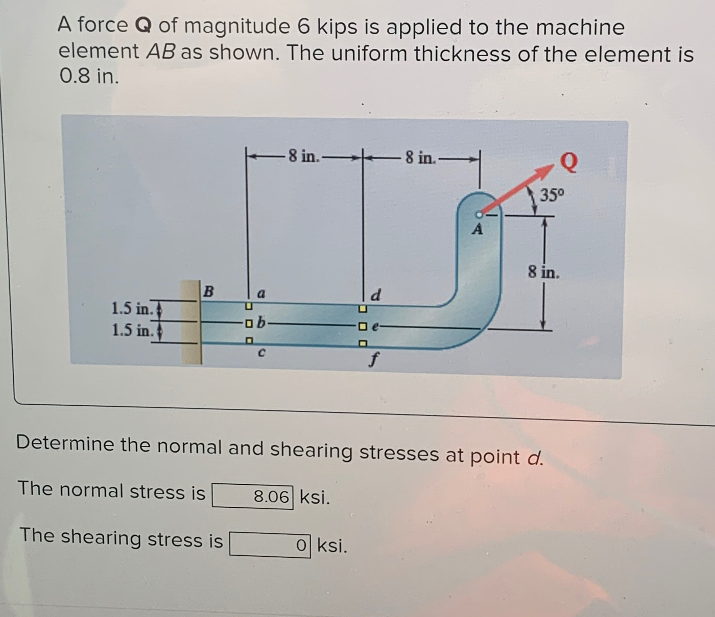 Solved A force Q ﻿of magnitude 6 ﻿kips is applied to the | Chegg.com