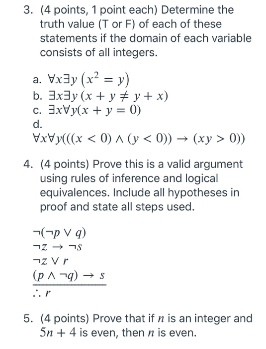 Solved 3. (4 points, 1 point each) Determine the truth value | Chegg.com