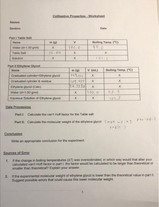 Solved Colligative Properties - Worksheet Names Section Date | Chegg.com