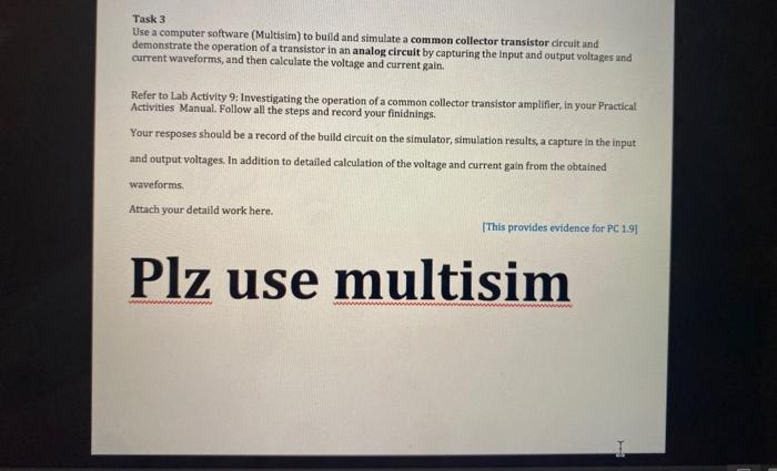 Solved Task 3 Use a computer software (Multisim) to build | Chegg.com