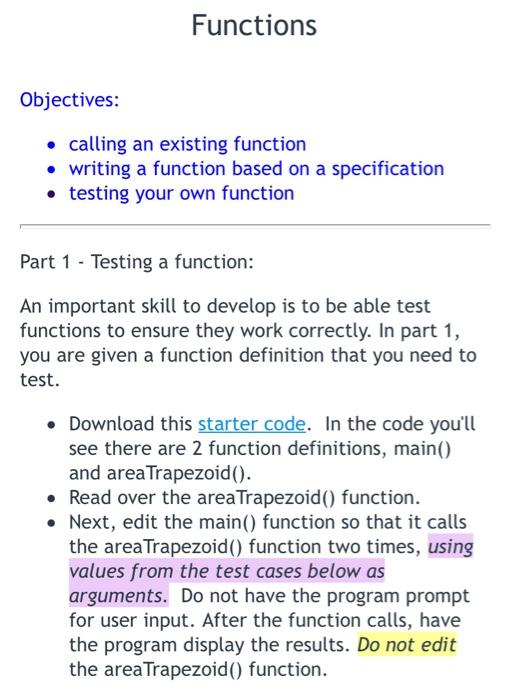 Solved Functions Objectives: • calling an existing function | Chegg.com