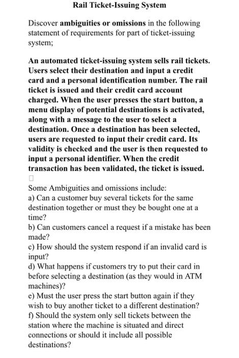 Solved Rail Ticket-Issuing System Discover ambiguities or | Chegg.com