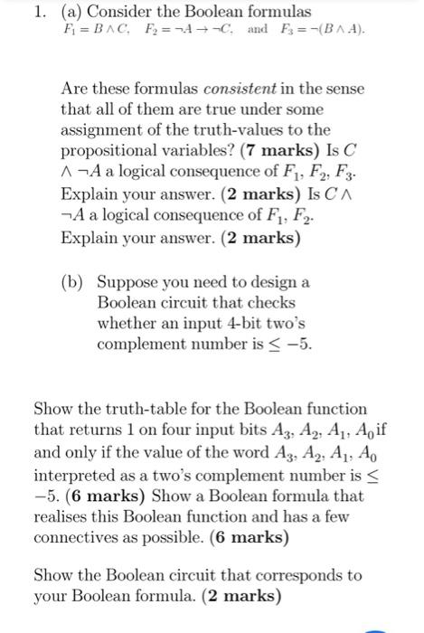 Solved 1 A Consider The Boolean Formulas F1b∧cf2¬a→¬c 