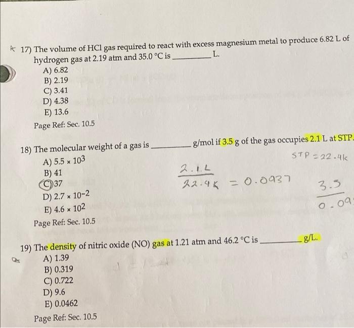 Solved A 17) The volume of HCl gas required to react with | Chegg.com