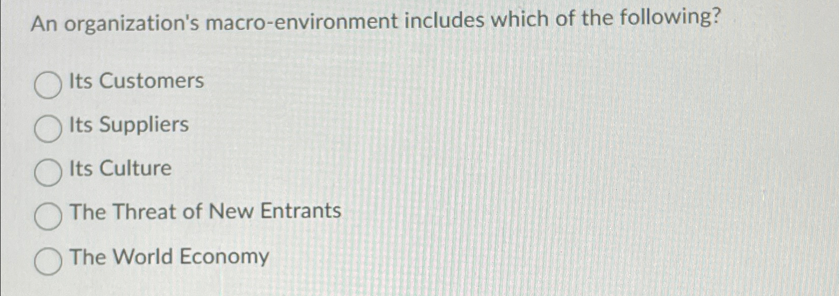 Solved An organization's macro-environment includes which of | Chegg.com
