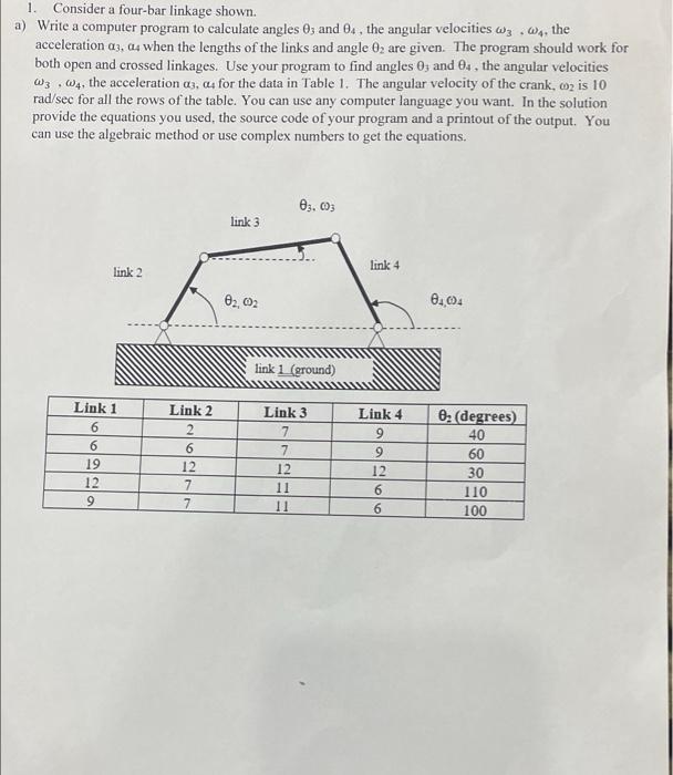 [Solved]: 1. Consider a four-bar linkage shown. a) Write a