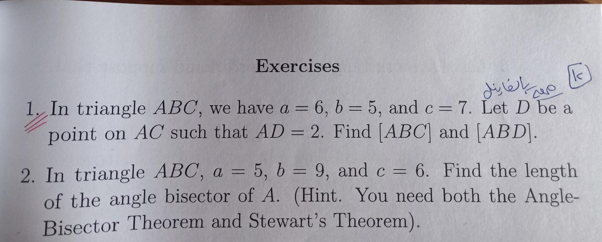 Solved 1. In triangle ABC, we have a=6,b=5, and c=7. Let D | Chegg.com