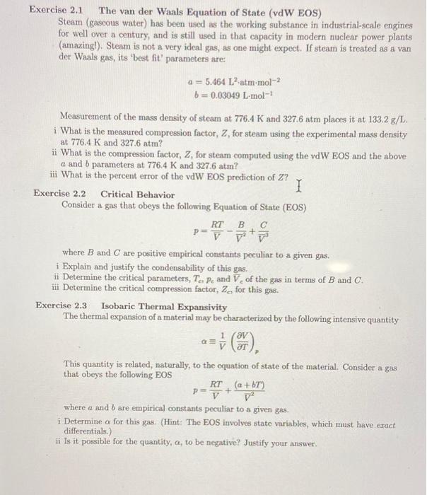 Solved Exercise 2.1 The van der Waals Equation of State (vdW | Chegg.com
