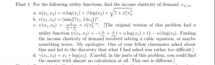 Solved Elast 1. For the following utility functions, find | Chegg.com