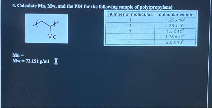 Solved 4. Calculate Mn,Mw, and the PDI for the following | Chegg.com