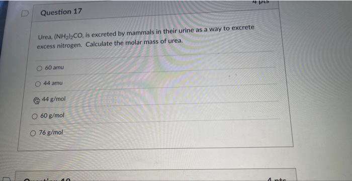 Solved Urea, (NH2)2CO, is excreted by mammals in their urine | Chegg.com