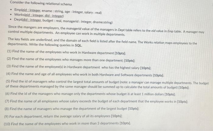 Solved Consider the following relational schema • | Chegg.com