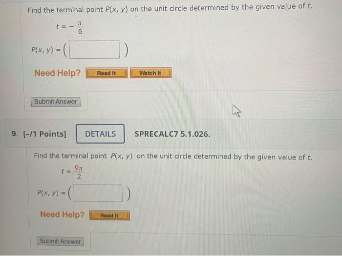 Solved Find the terminal point P(x,y) on the unit circle | Chegg.com