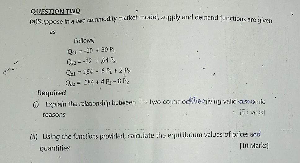 Solved Question Two A Suppose In A Two Commodity Market