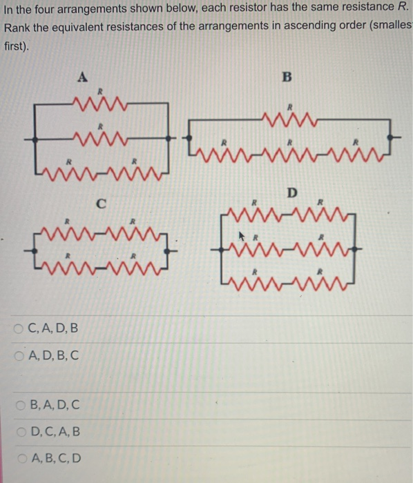 Solved In the four arrangements shown below, each resistor | Chegg.com