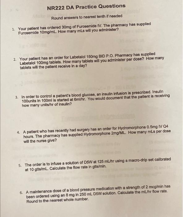 Solved 1. Your patient has ordered 30mg of Furosemide IV. | Chegg.com