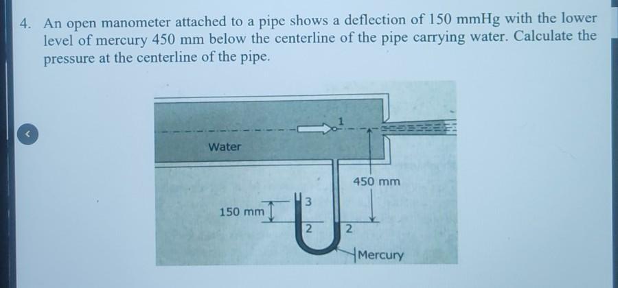Solved 4. An open manometer attached to a pipe shows a | Chegg.com
