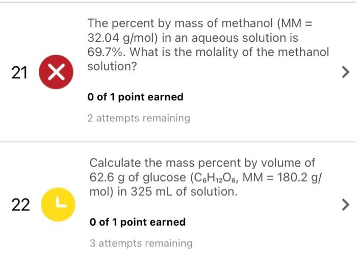 Solved The percent by mass of methanol (MM = 32.04 g/mol) in | Chegg.com
